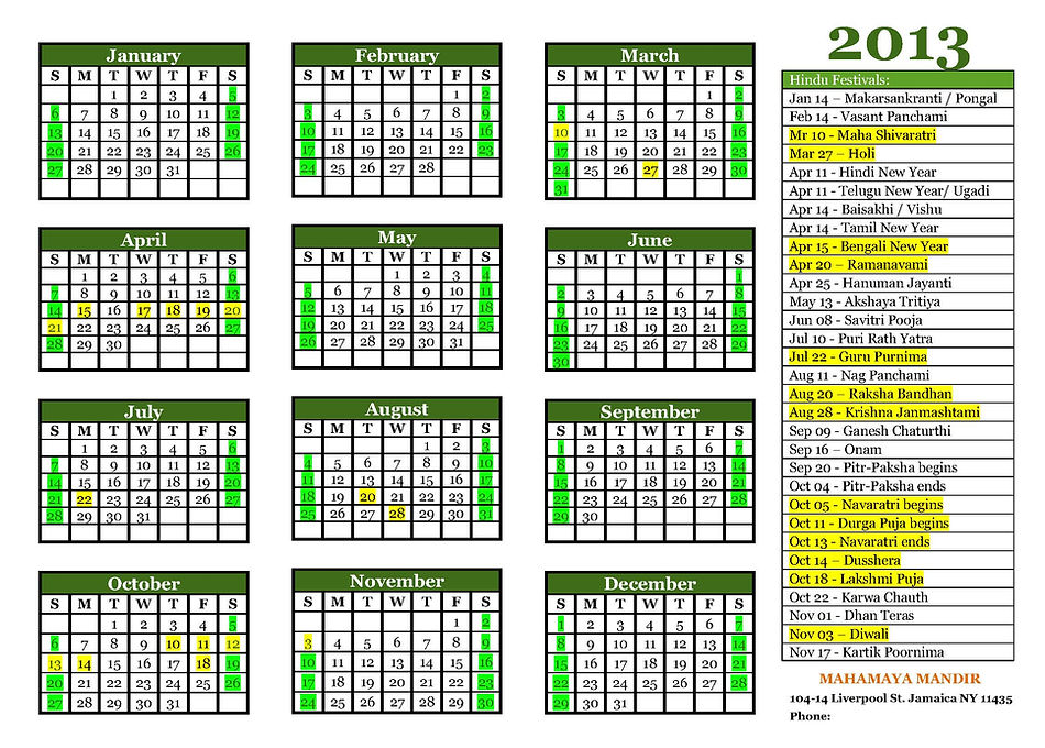 Hindu Calendar for Puja and Festivals