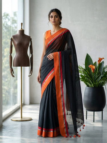 Mul Mul Saree Black contrast border 120 count | Kuthampully