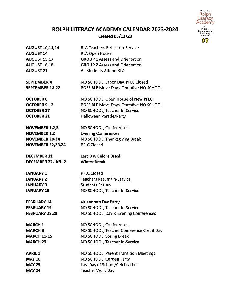 Rla Calendar 2023-2024 | Phillips Fundamental Learning Center