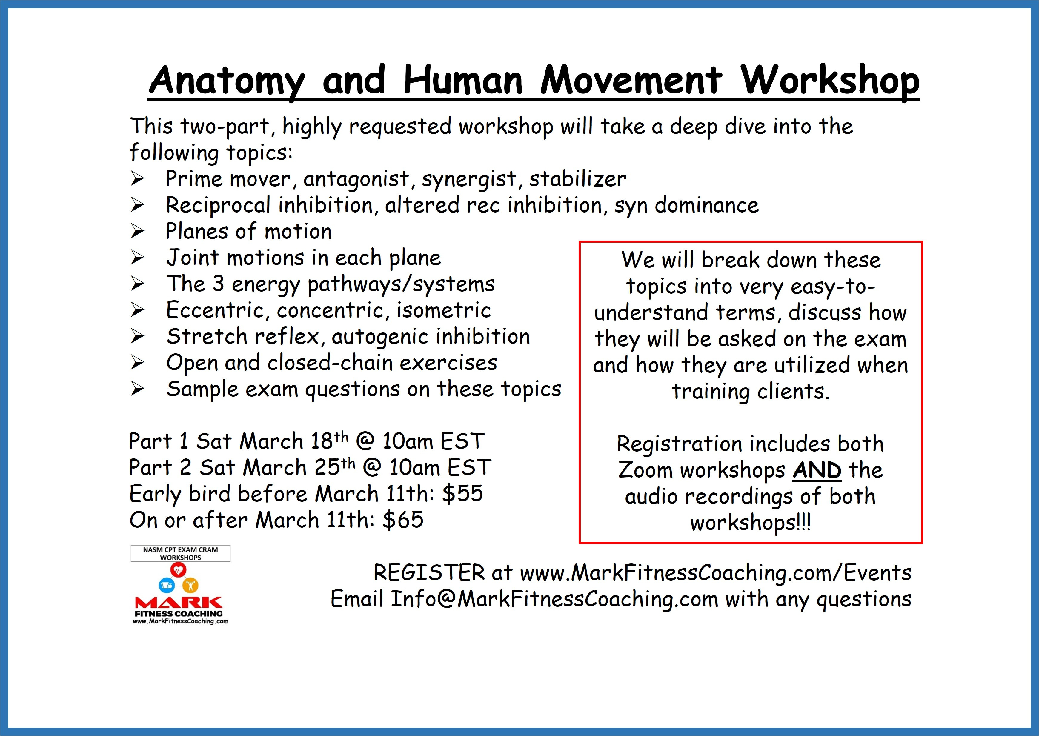 Anatomy & Human Movement Workshops - TWO Workshops | NASM Exam Prep