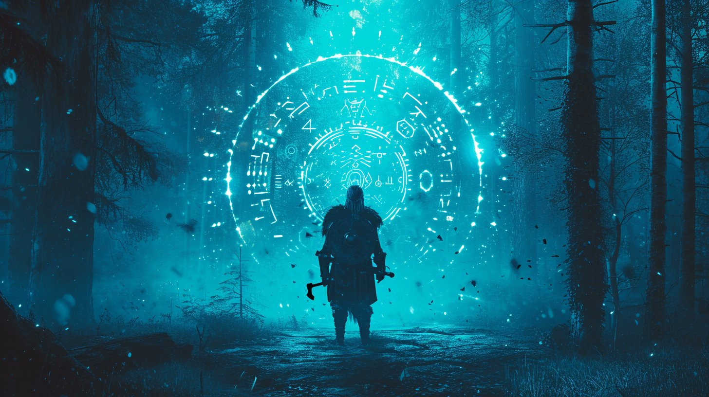 neon sfumato wide shot of a viking warrior | forest background | blue ...