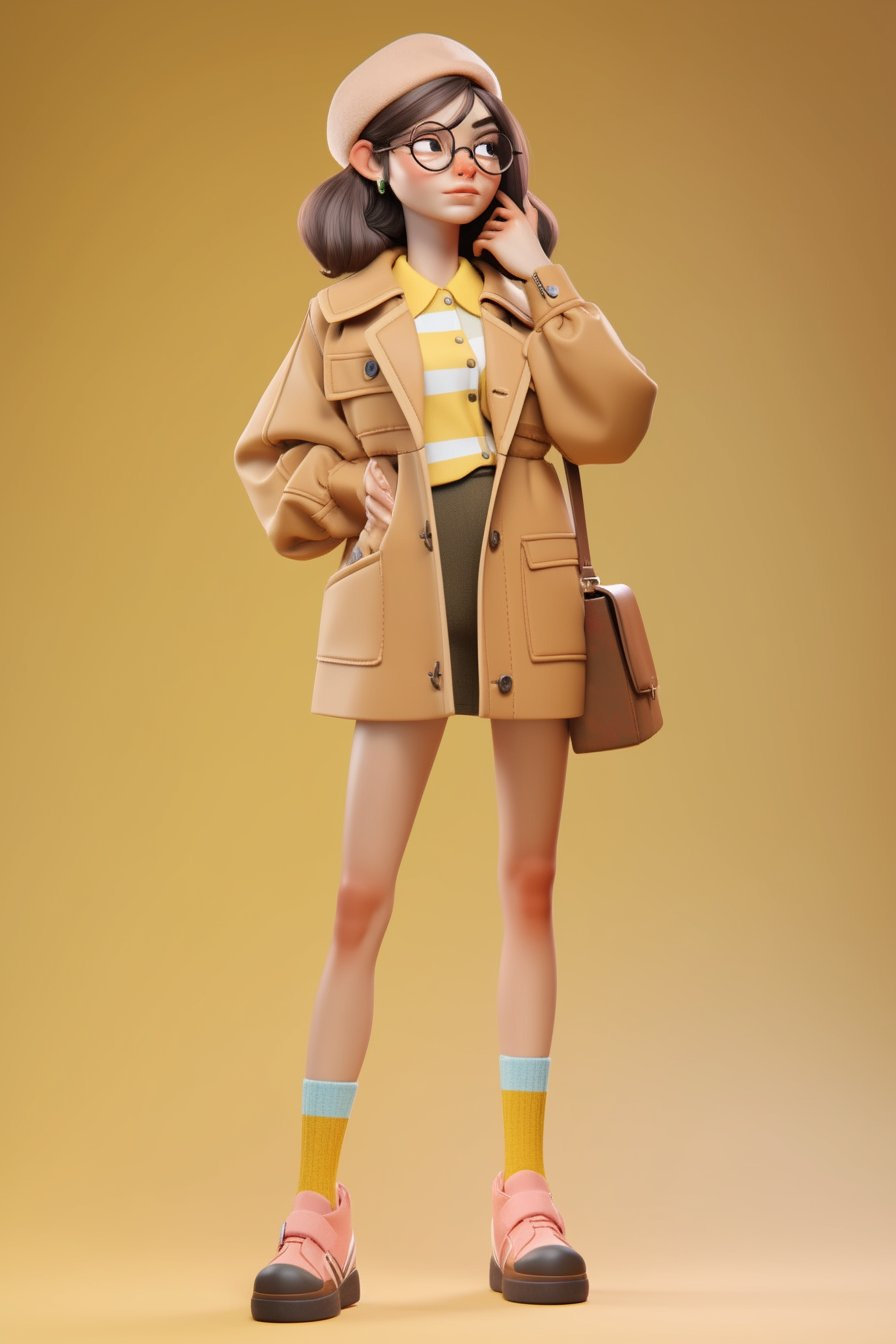 Full-length 3D photorealistic render of a cute woman in Wes Anderson ...