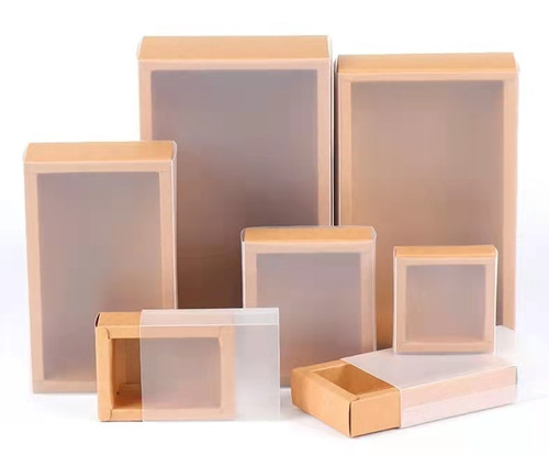 Brown Kraft Paper Slide Drawer Box Packaging in Frosted PVC Sleeve ...