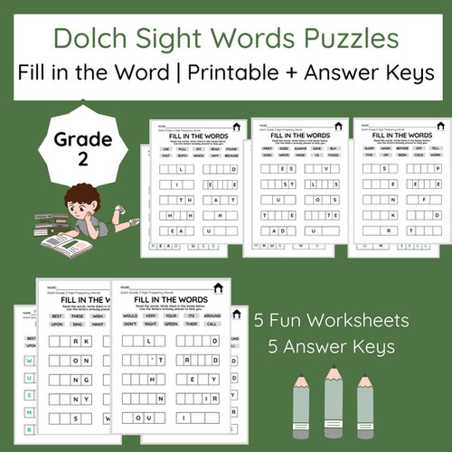 Dolch Grade 2 Sight Words Worksheets | Fill in the Word Puzzles | 2nd ...