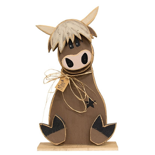 Sitting Wooden Highland Cow on Base | Coo & Company