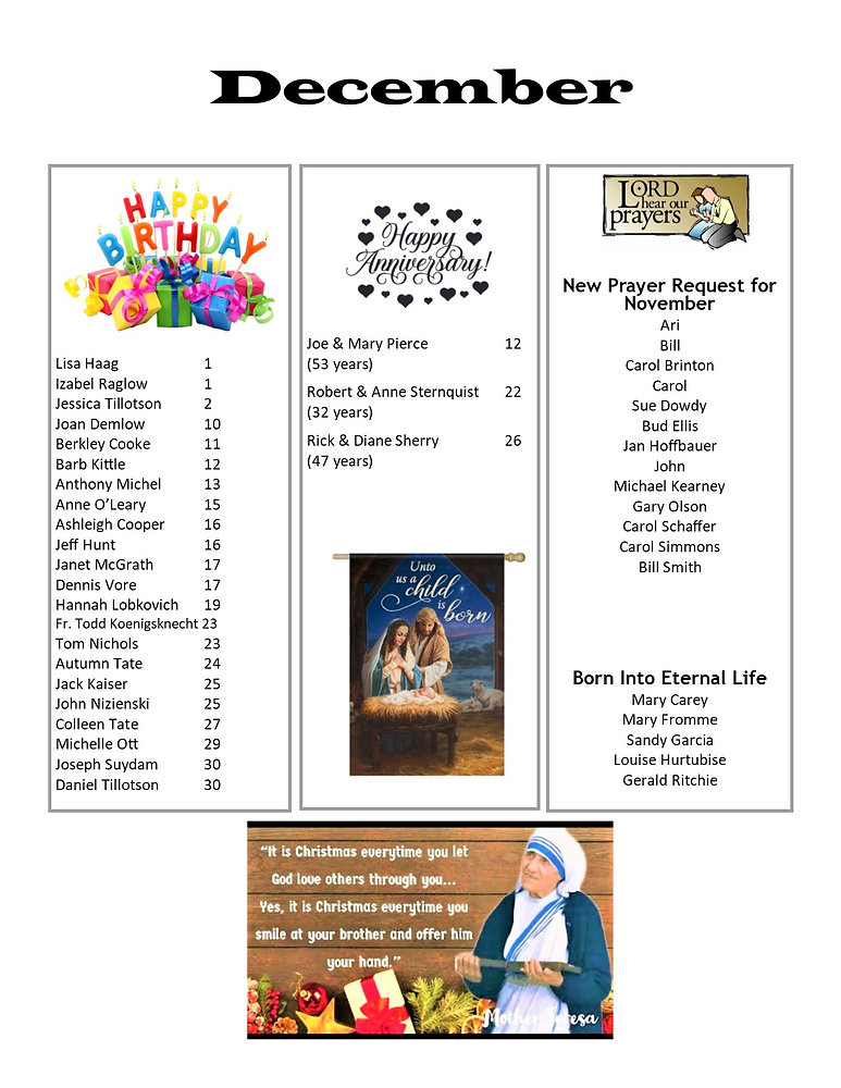 December Anniversary/Birthday List and November Prayer List