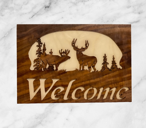 Deer & Mountain Scenery | Welcome Sign | Walnut Wood Art | Hand made ...
