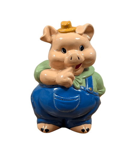 1970s Vintage Ceramic Cartoon Pig Money Box in Dungarees | My Vintage