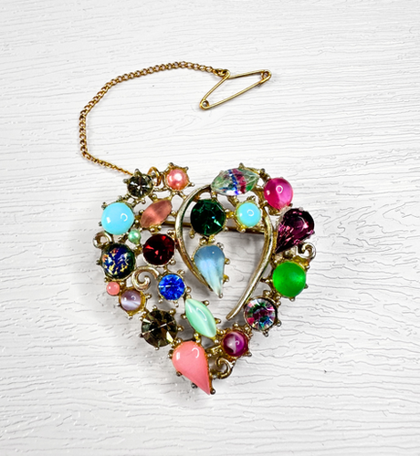 Antique Multi Bead & Stone Heart Brooch | My Vintage