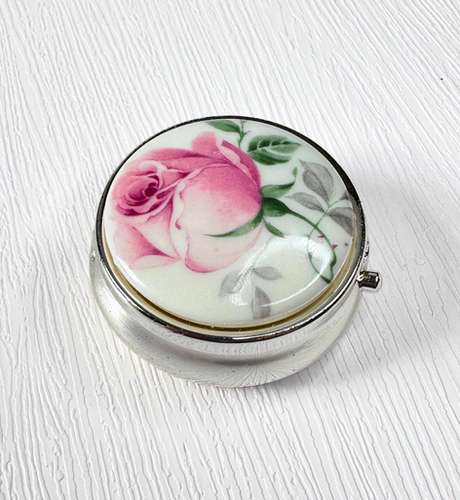 Vintage Pink Rose Pill Box | Silver-Tone Metal Storage Case