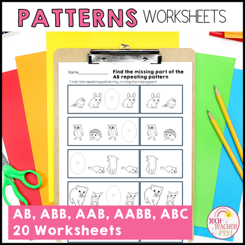 Kindergarten and First Grade Patterning Worksheets | Tech Teacher Pto3