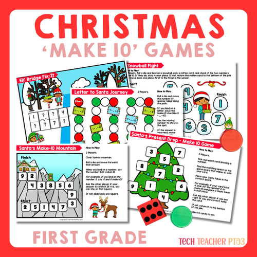 Christmas Make 10 Adding Board Games Math Centres First Grade | Tech ...