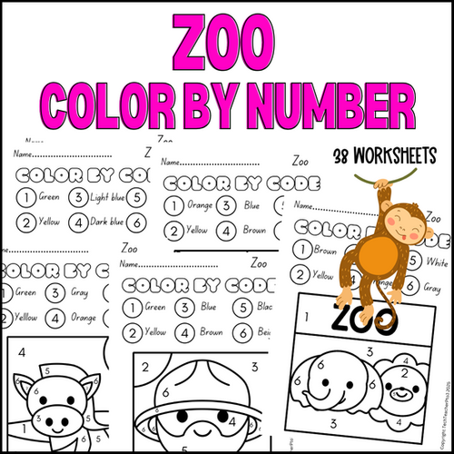 Zoo Color by Number Worksheets for PreKinder Kindergarten and First ...