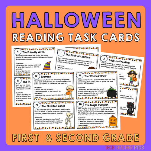 Halloween Reading Comprehension Task Cards Activities First Grade ...