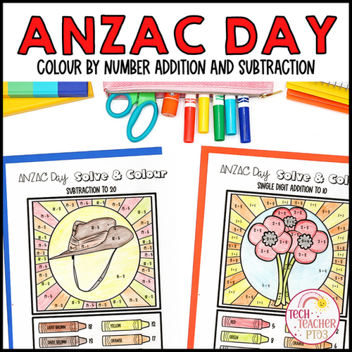 ANZAC Day Colour by Code Math Addition and Subtraction | Tech Teacher Pto3