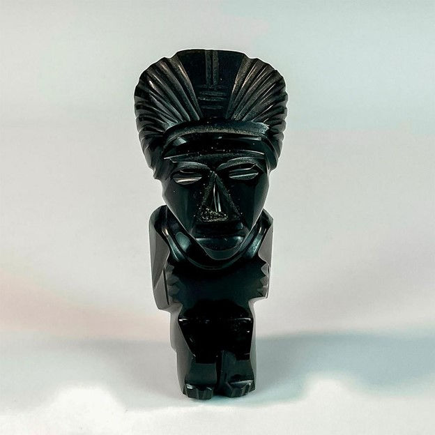 Obsidian : Aztec style hand carved seated warrior | Azumaya Art Gallery