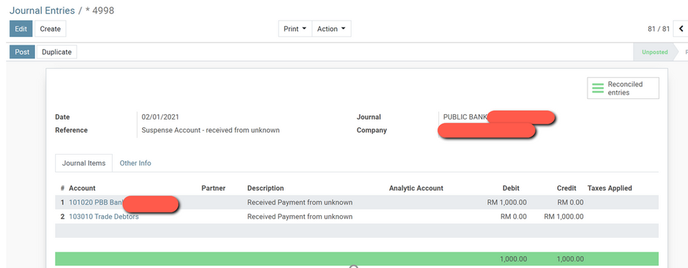 Odoo Accounting - How to Handle the Unknown Payment (Suspense Account)