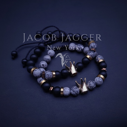 Matching Black Onyx & Gray Jasper Crown Bracelets for Couples ...