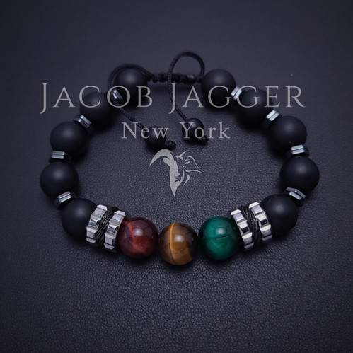 Rastafarian Style Red Yellow & Green Tigers Eye and Matte Black Onyx ...