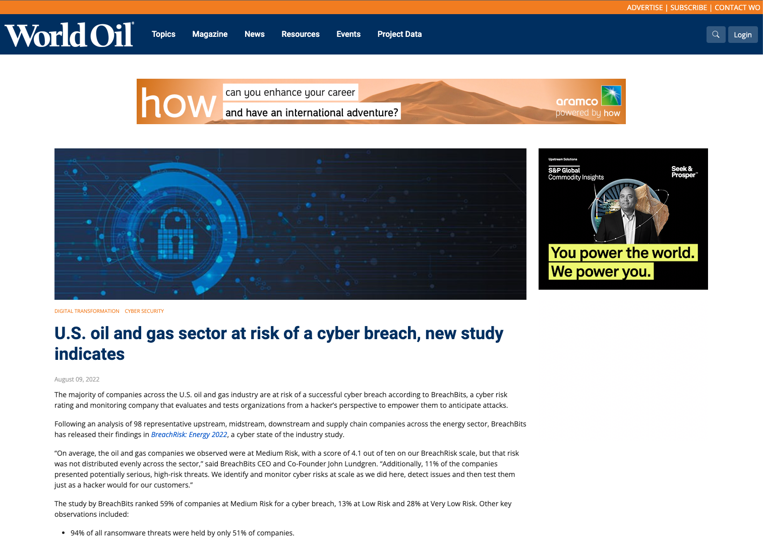 U.S. oil and gas sector at risk of a cyber breach, new study indicates ...