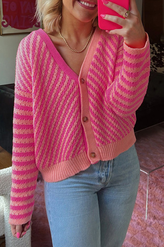 Pink Striped Buttoned V Neck Drop Shoulder Cardigan | Think Pink Boutique
