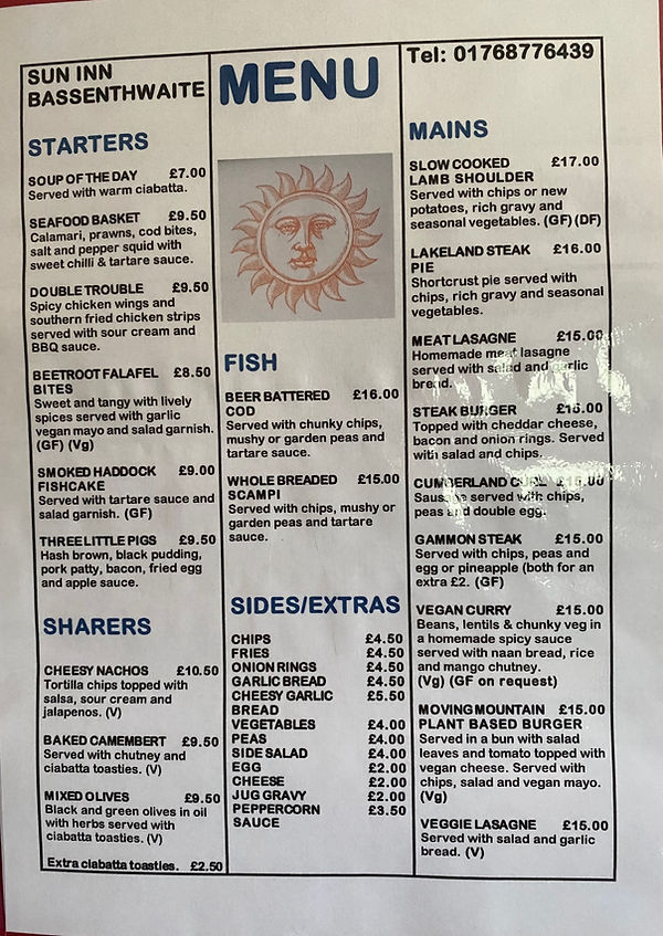 Sun Inn Bassenthwaite Menu