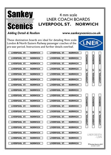 4mm LNER Destination Boards: Liverpool St. Norwich | Sankey Scenics Signs