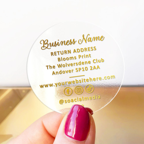 Small business custom logo name text brand clear stickers labels | blooms