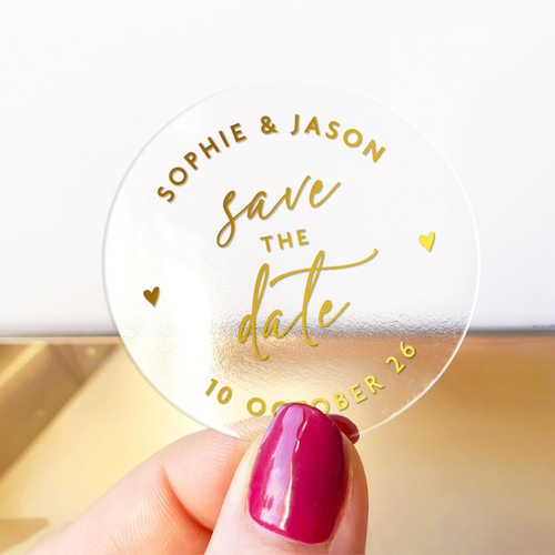 Personalized Clear Name Labels Stickers Gold Foil Wedding Save the Date ...