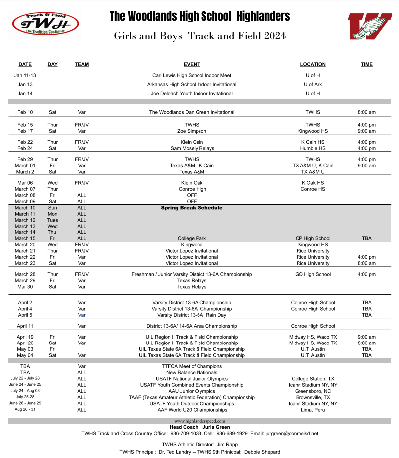 Track & Field Schedule