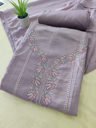 Lilac Pastel Floral-Embroidered Churidar Suit Material | Imaaya