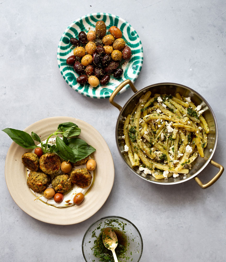 Mezze platters: Feta, herbs & courgette balls + Gremolata French yellow ...