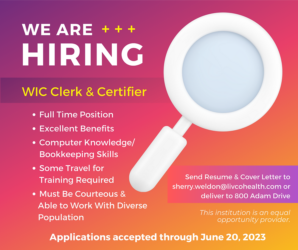 Hiring for WIC Clerk & Certifier Position...