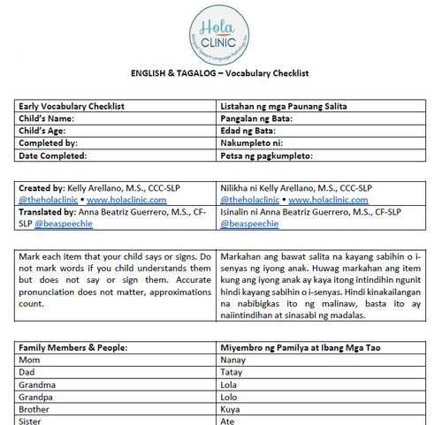 Early Vocabulary Checklist - Tagalog | Hola Clinic - Speech