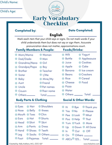 Early Vocabulary Checklist - English | Hola Clinic - Speech
