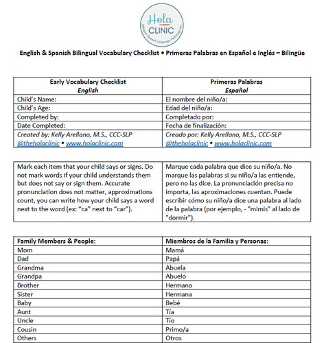 Spanish-English Bilingual Early Vocabulary Checklist | Hola Clinic - Speech