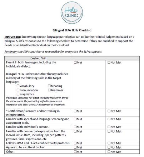 Bilingual SLPA Skills Checklist | Hola Clinic - Speech
