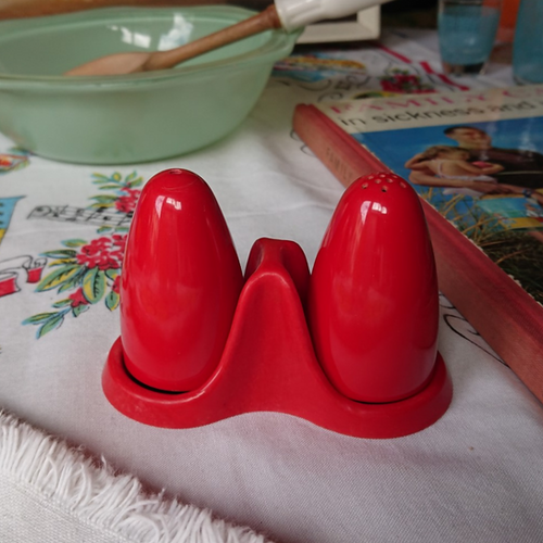 Red mid-century 'Melaware' plastic cruet set with stand | Wyke House