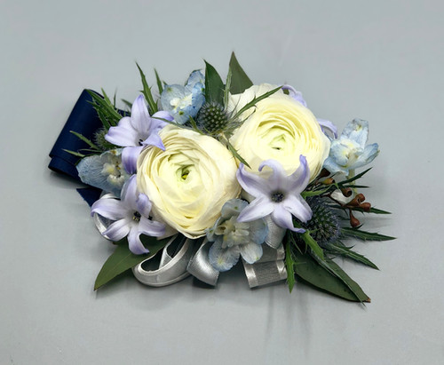 Blue And White Wrist Corsage Bowkay Designs Local Flower Delivery