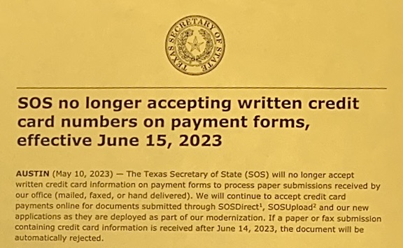 📩 Notice: Texas SOS office no longer accepts written credit card ...