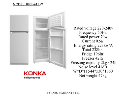 KONKA FRIDGE WITH A TOP MOUNTED FREEZER ,COLOUR WHITE , CLASS F . MODEL ...