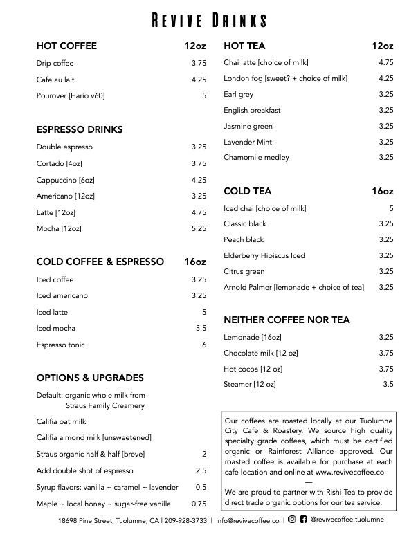 Menu | Revive Coffee