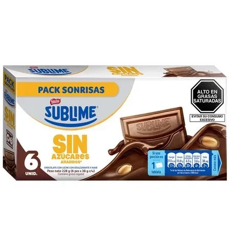 Chocolate NESTLE Sublime sin Azúcar Paquete 6un 228g | La Dulce Peruanita