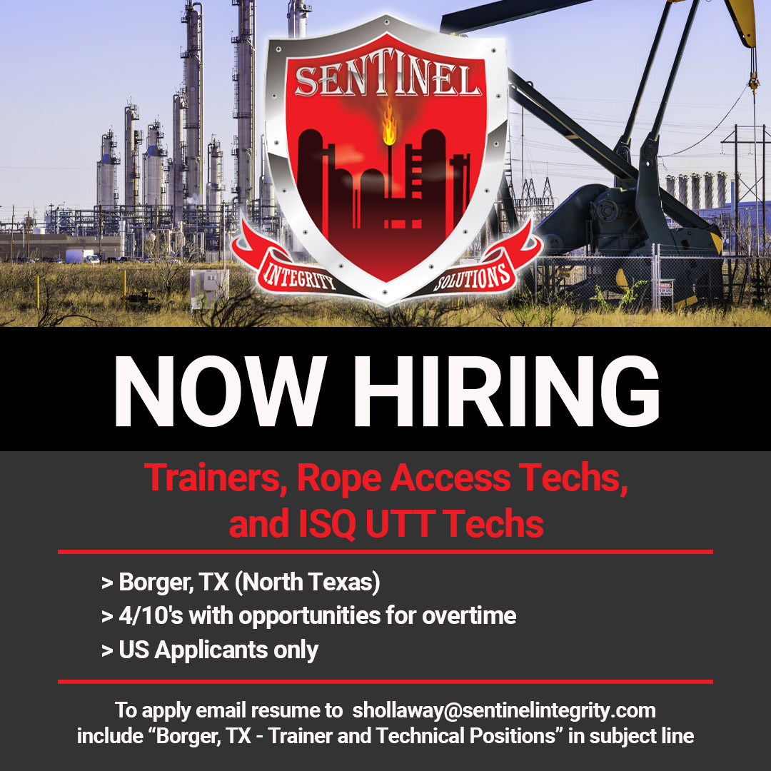 Now hiring: Trainers, Rope Access Techs, and ISQ UTT Techs | Sentinel Integrity