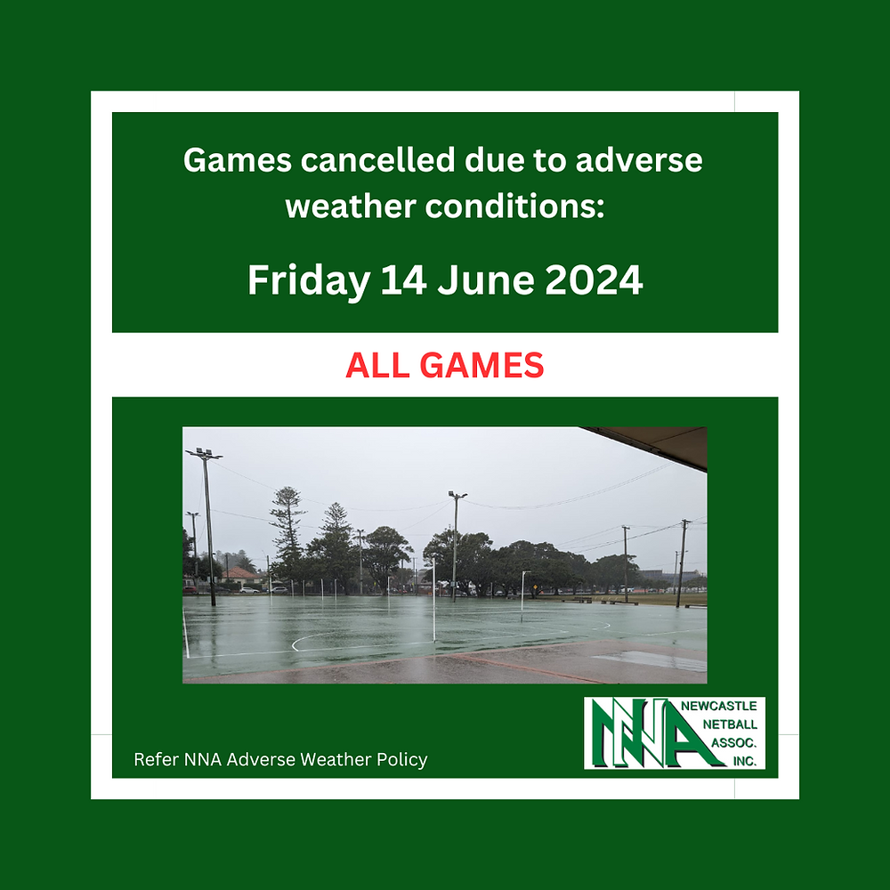 Wet Weather Notice - All Games Cancelled Friday 14 June 2024