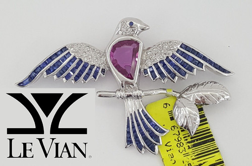 18K White Gold Encore LeVian Pink, Blue Sapphire & Diamond Bird Pin ...