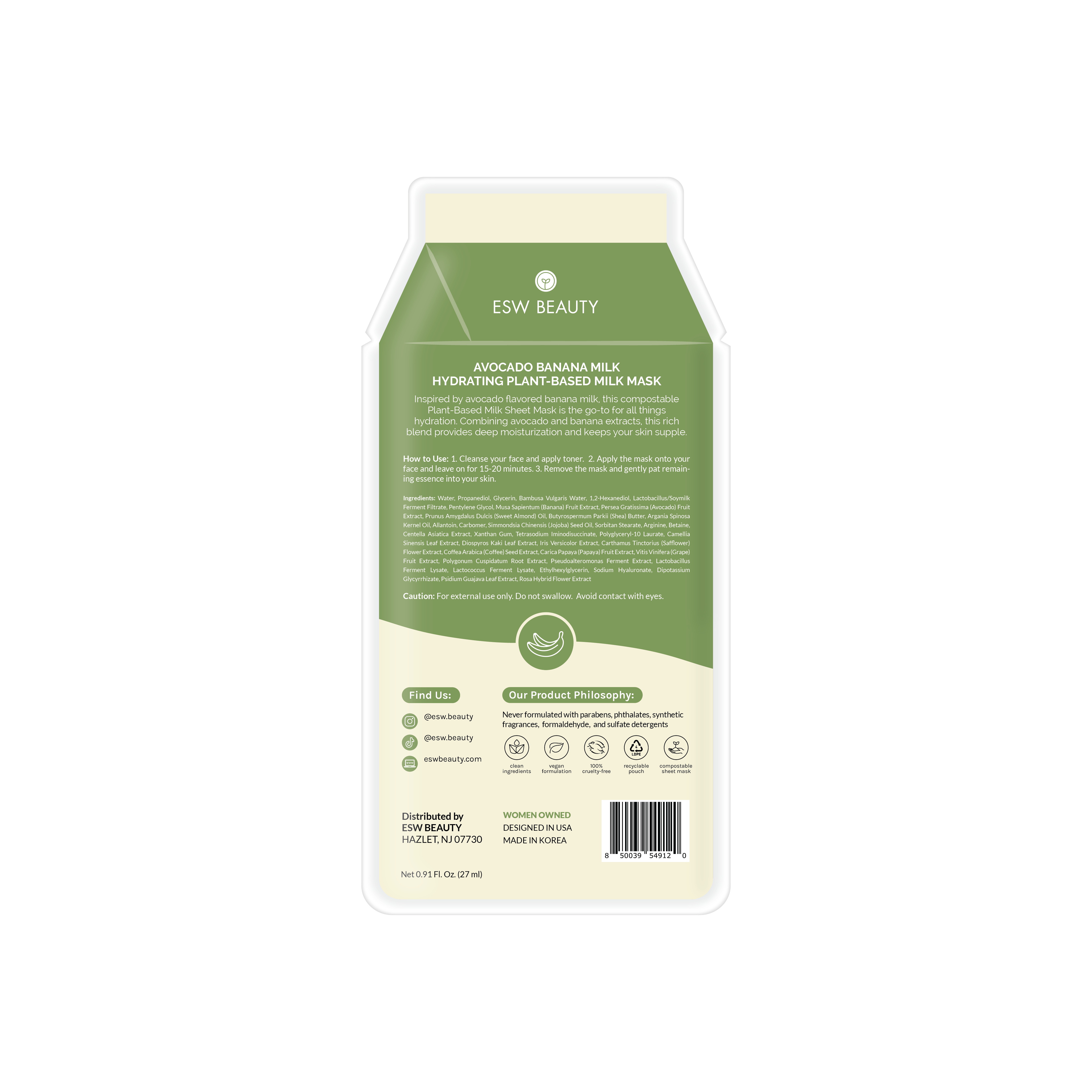 ESW Beauty Avocado Banana Milk Hydrating Plant-Based Milk Sheet Mask ...