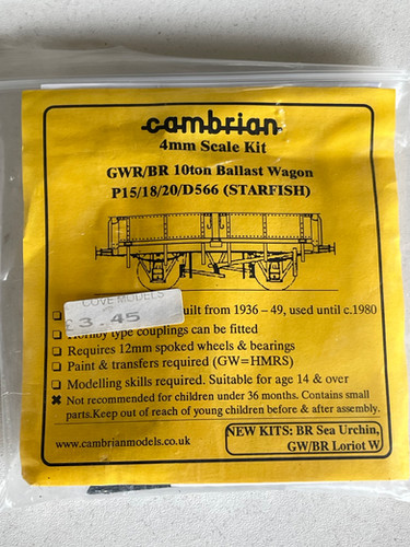 CAMBRIAN - GWR/BR 10 TON BALLAST WAGON P15/18/20/D566 'STARFISH ...