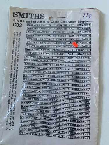 SMITHS - CB2 G.W.R. COACH DESTINATION BOARDS | jwmodelrailways