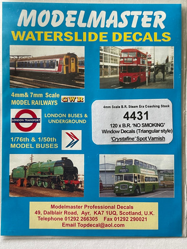 MODELMASTER 4431 - 120 x BR NO SMOKING WINDOW DECALS | jwmodelrailways